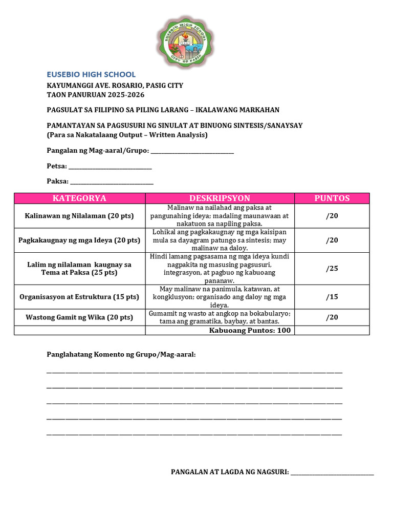 Pagsusuri NG Sintesis-Sanaysay-Pamantayan q2 | PDF