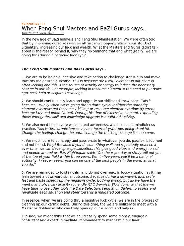 When Feng Shui Masters and BaZi Gurus Says.. | PDF | Psychological Concepts