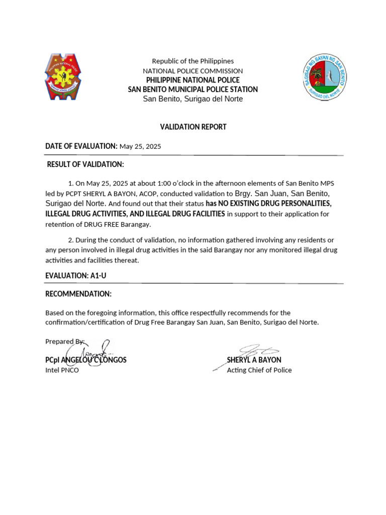 San Benito Mps Request Certification of Drug Free Brgy of San Benito, SDN | PDF