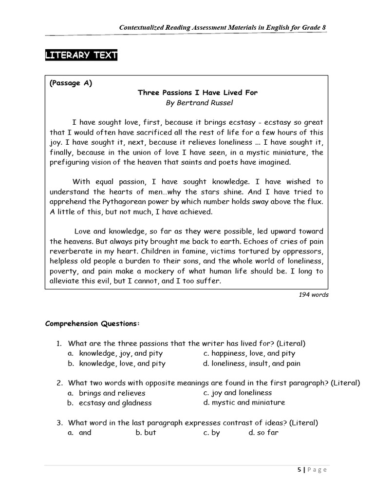Grade 8 Reading Assessment Guide | PDF