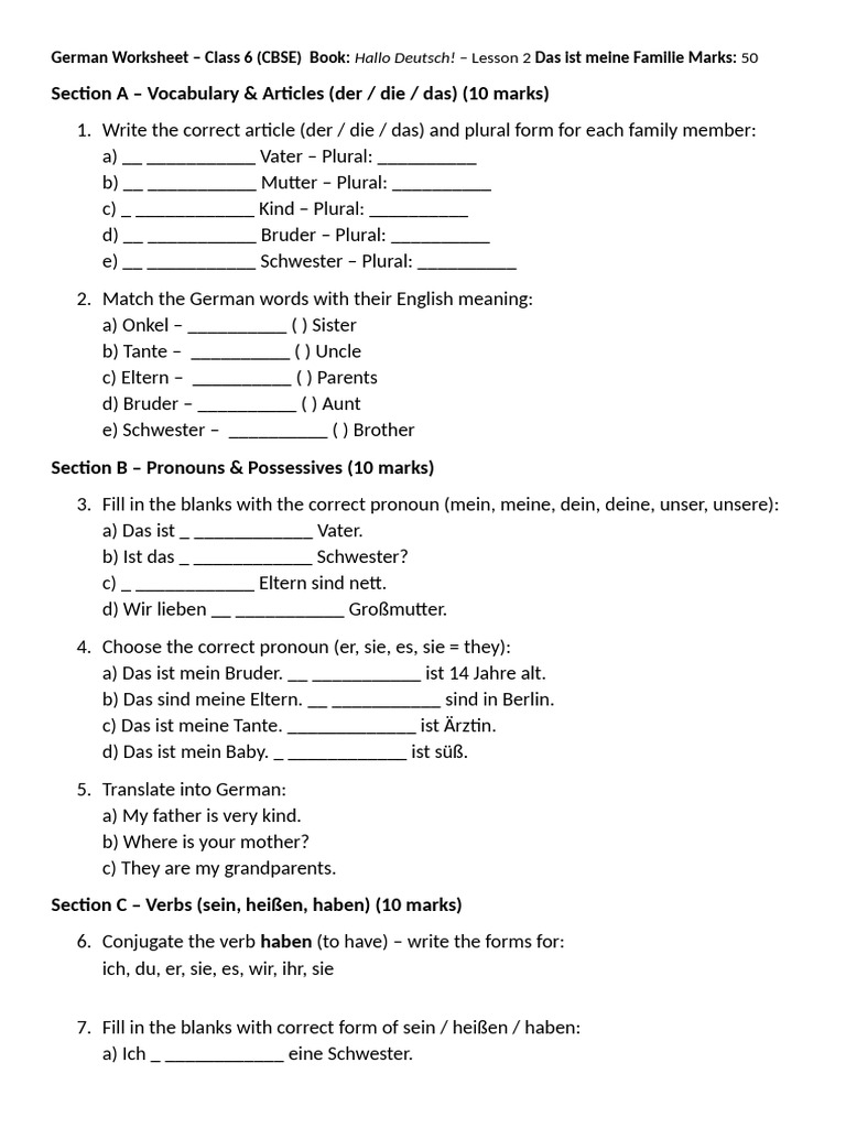 German Worksheet Sir | PDF