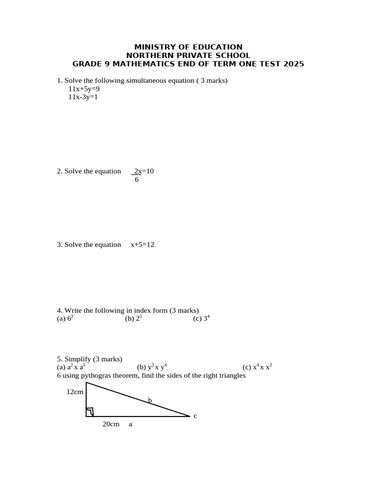 Grade 9 Math Test: Simultaneous Equations & More | PDF