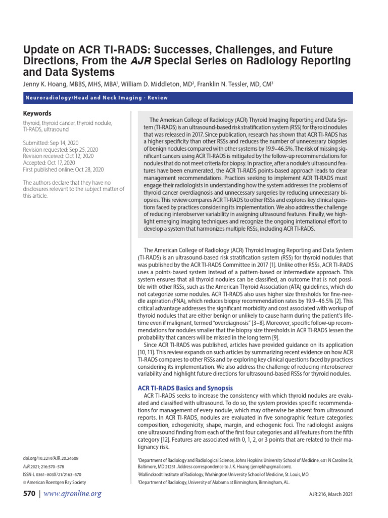Hoang Et Al 2021 Update On Acr Ti Rads Successes Challenges and Future ...
