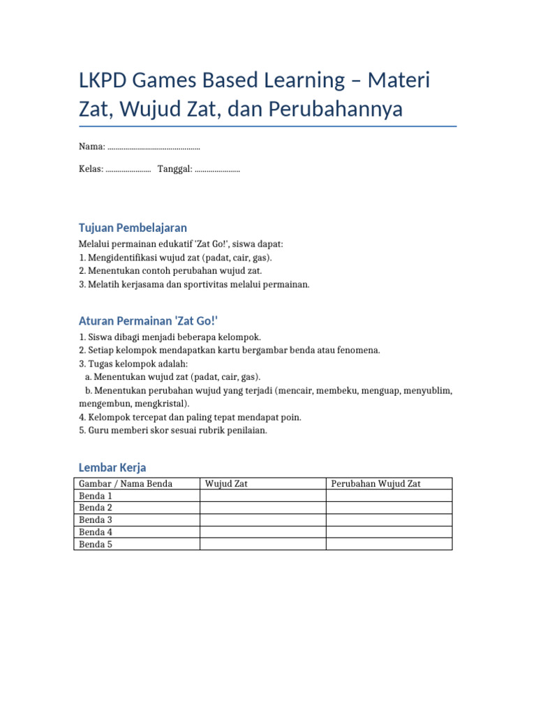 Permainan Edukatif Zat dan Perubahannya | PDF