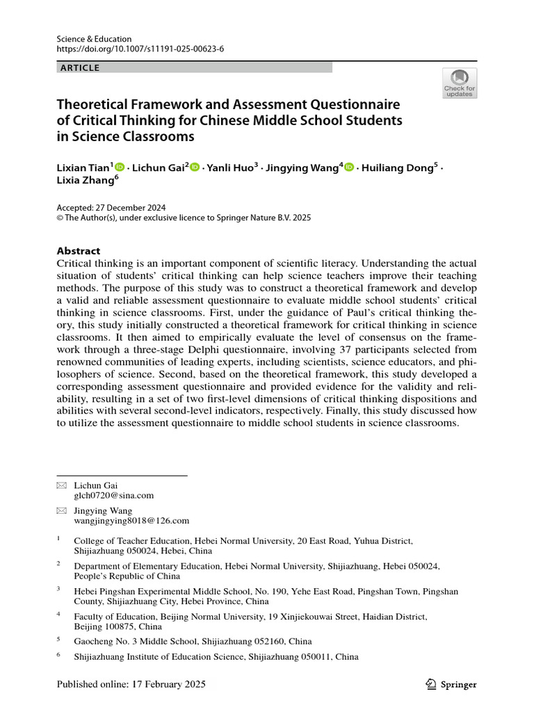 Theoretical Framework and Assessment Questionnaire of Critical Thinking ...