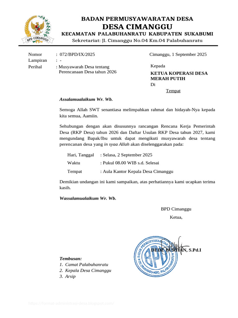 Undangan Musyawarah Desa Cimanggu 2025 | PDF