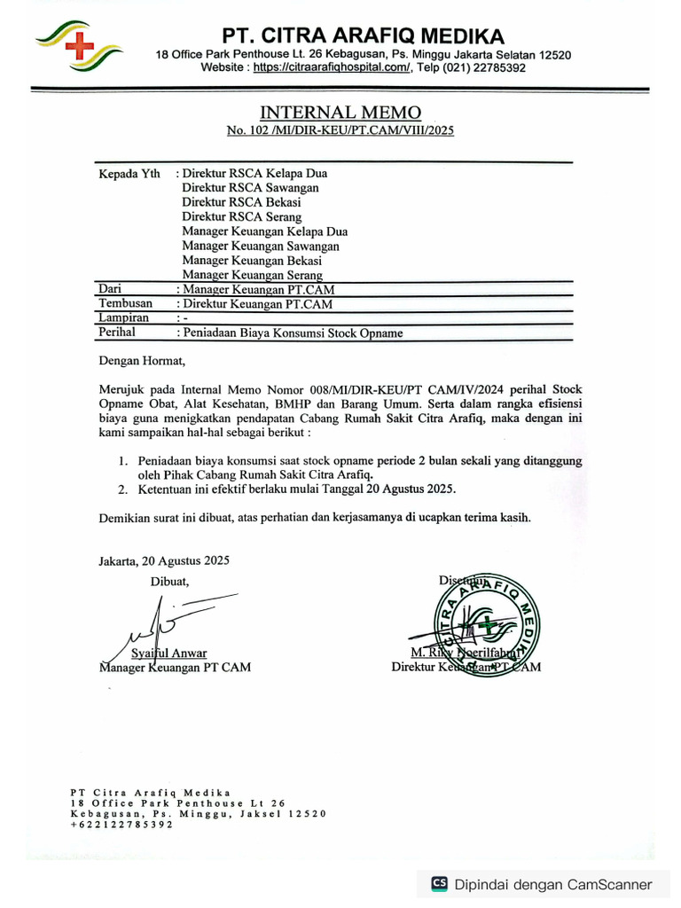 Memo Internal Peniadaan Biaya Konsumsi Stock Opname | PDF