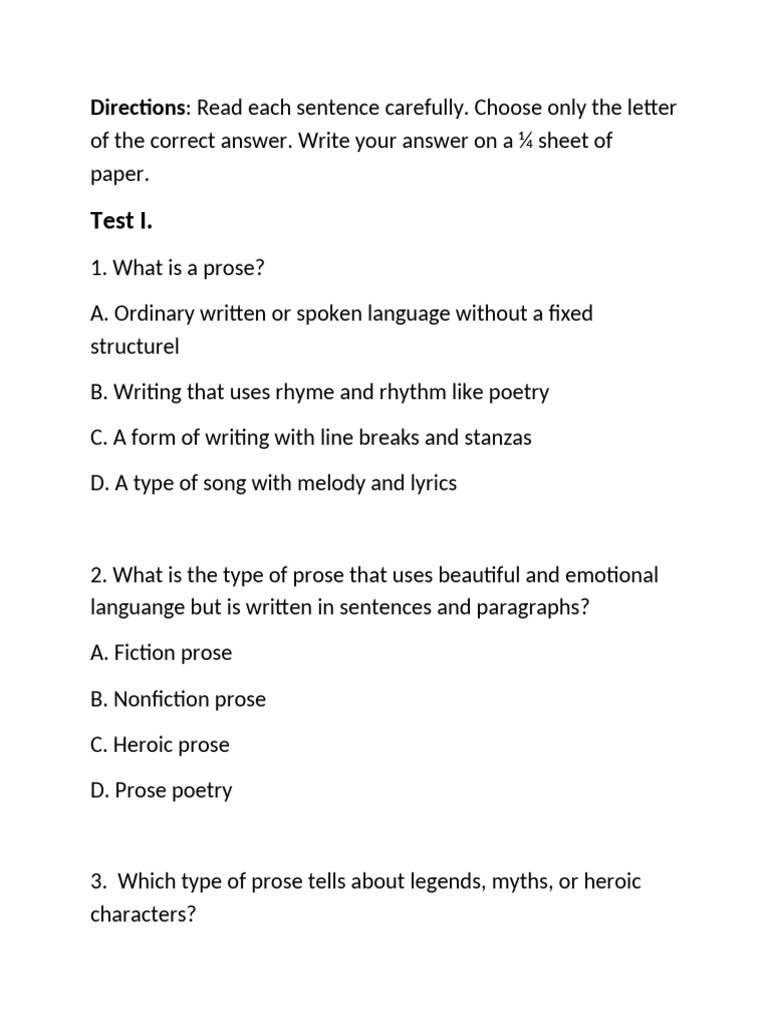 Prose Quiz: Multiple Choice Test | PDF