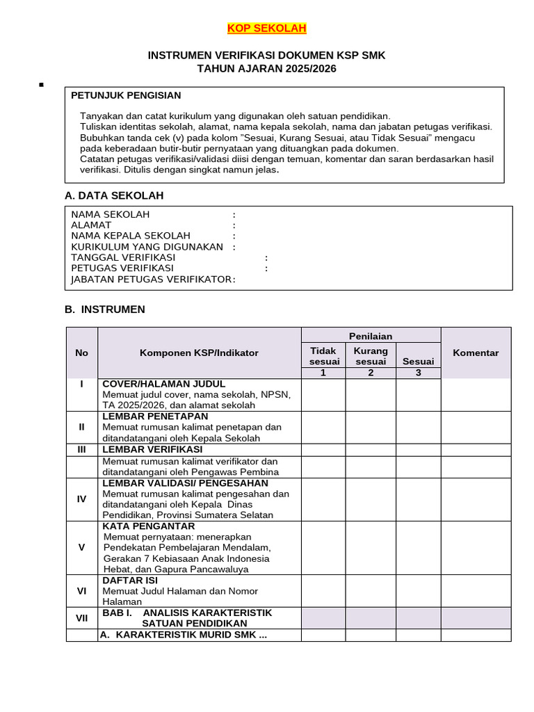 Instrumen Verifikasi Ksp Smk 2025 r 1 | PDF
