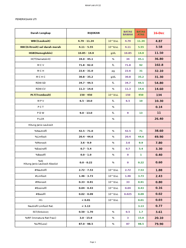 UTI Lab Results Summary and Analysis | PDF | Hematology | Blood