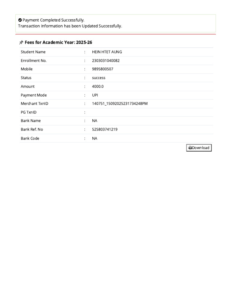 2025-26 Academic Year Payment Receipt | PDF