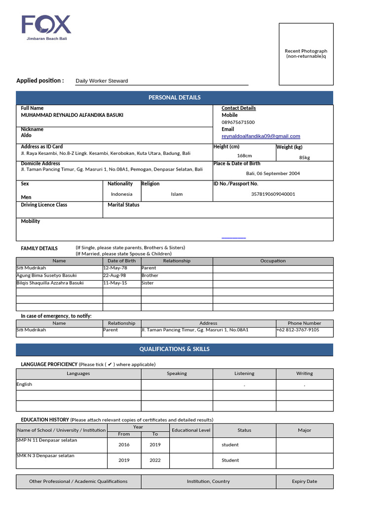 Employee Application Form | PDF