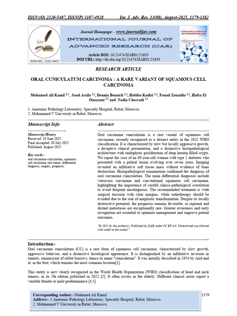 Oral Carcinoma Cuniculatum Overview | PDF | Carcinoma | Pathology
