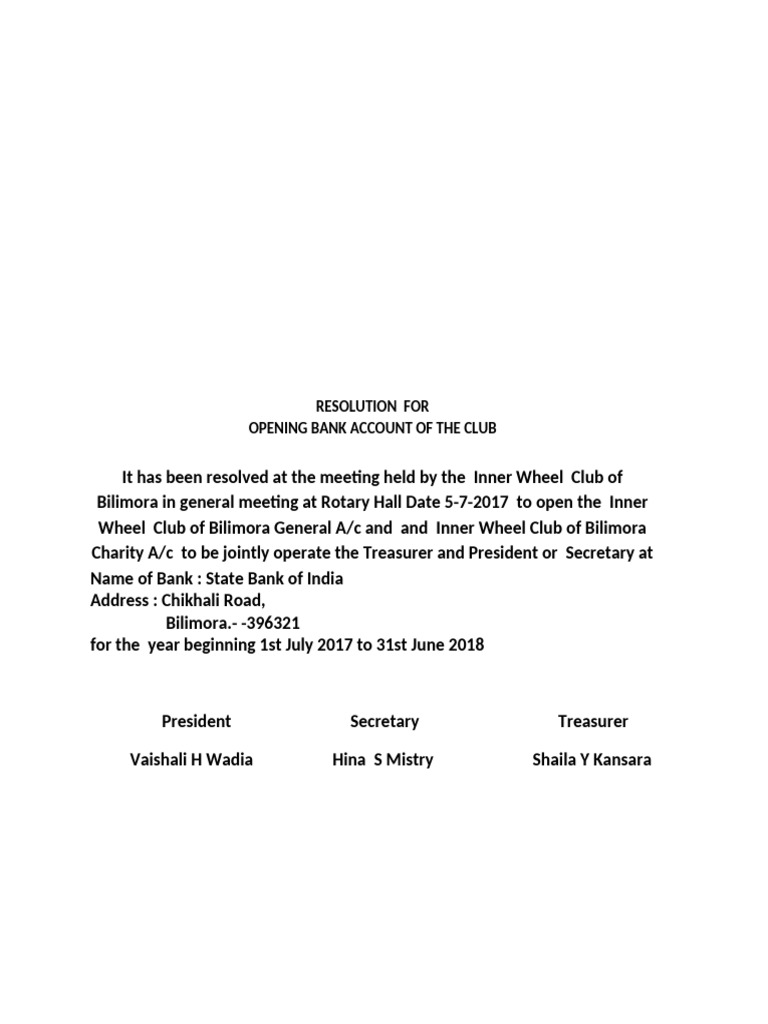 Inner Wheel Club Bilimora Bank Resolution | PDF