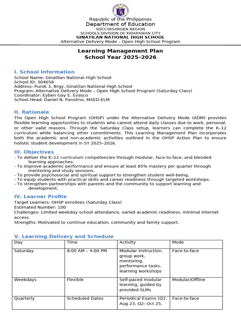 ADM Calendar for Open High School 2025 | PDF | Learning | Cognition