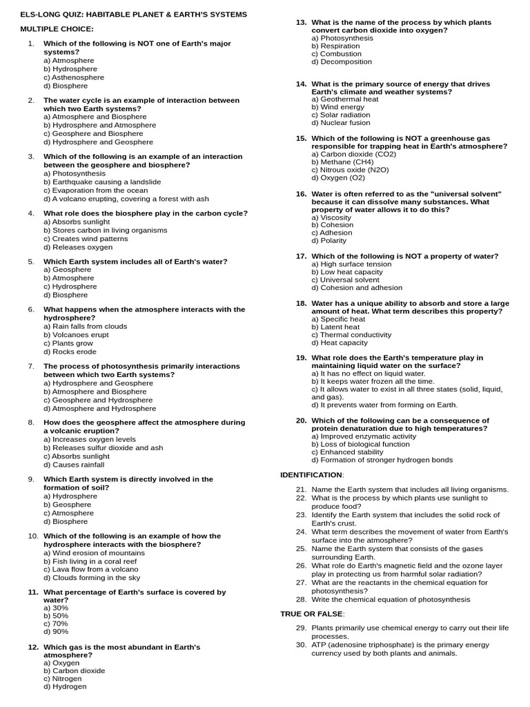 1st Quiz ELS - HABITABLE PLANET AND EARTH'S SYSTEMS | PDF | Earth | Water