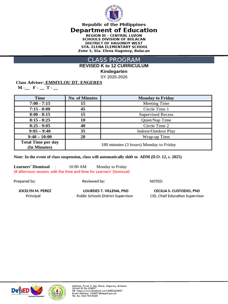Sta. Elena Elementary School Class Programs | PDF | Teachers | Curriculum