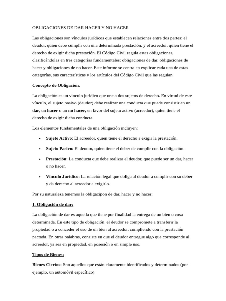 Obligaciones de Dar, Hacer y No Hacer | PDF | Pagos | Propiedad