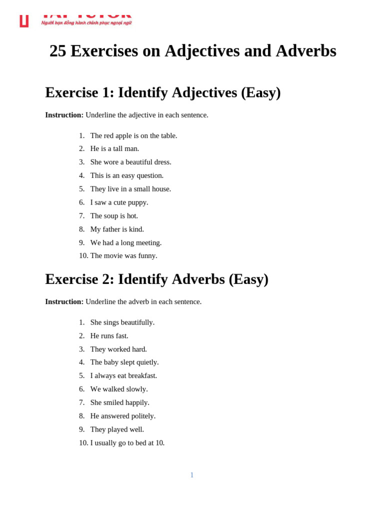 Adjectives and Adverbs Practice Exercises | PDF | Adverb | Adjective