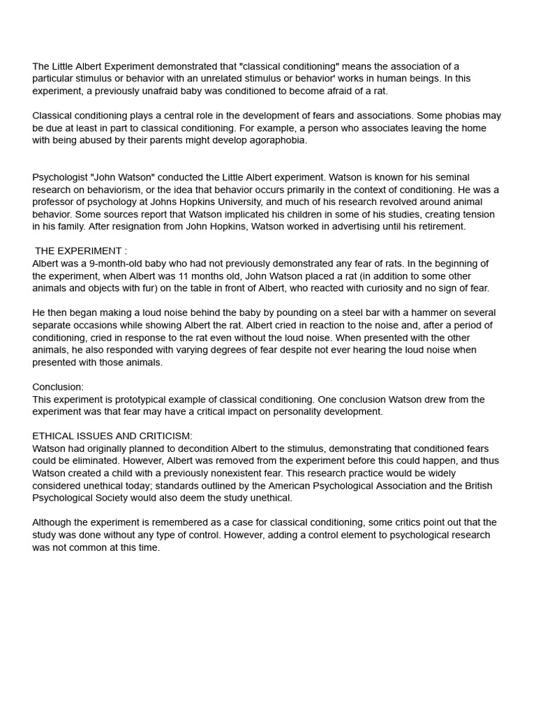 Little Albert and Classical Conditioning | PDF | Fear | Classical ...