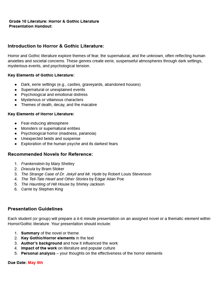 Grade 10 Literature - Horror & Gothic Literature | PDF | Horror Fiction ...