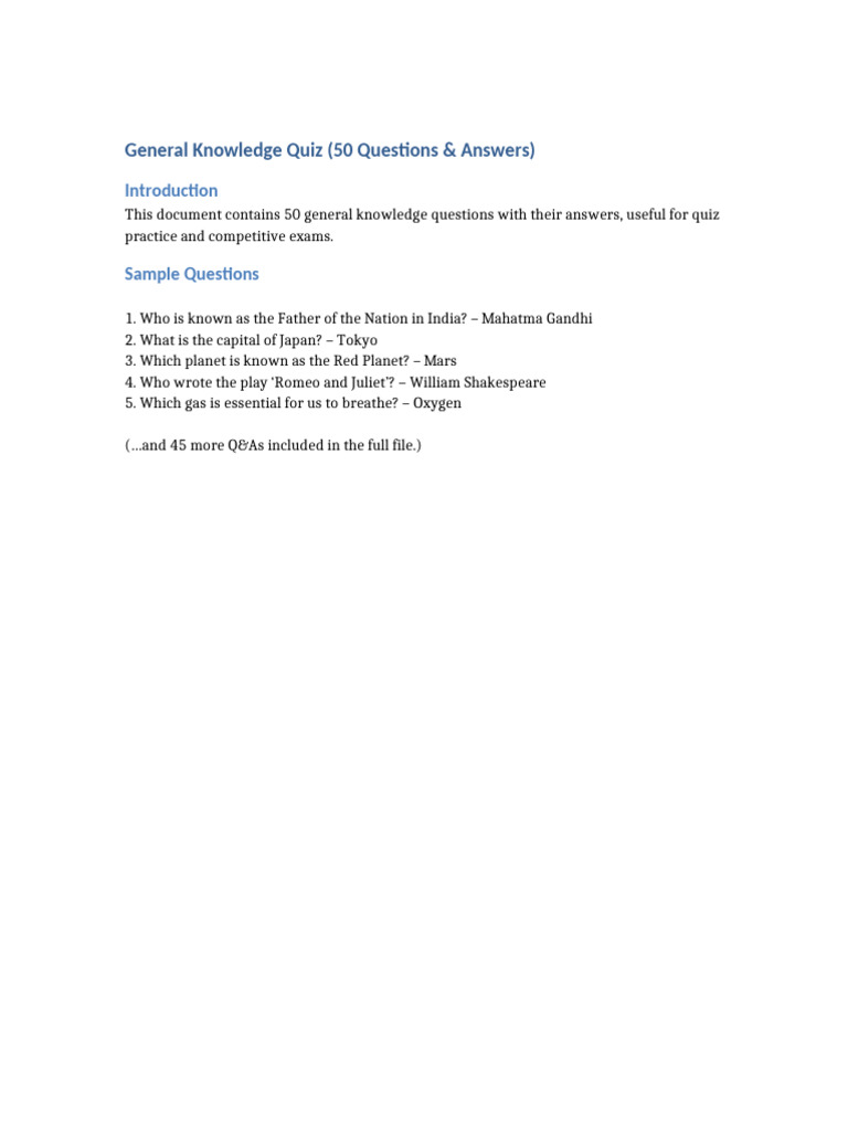 50 Easy General Knowledge Questions | PDF