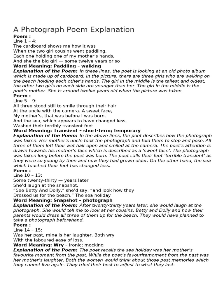 A Photograph Poem Explanation | PDF