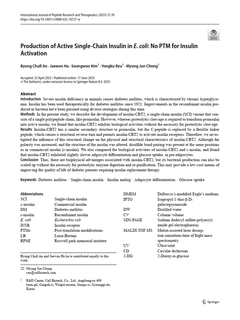 Production of Active Single-Chain Insulin In: No PTM For Insulin ...