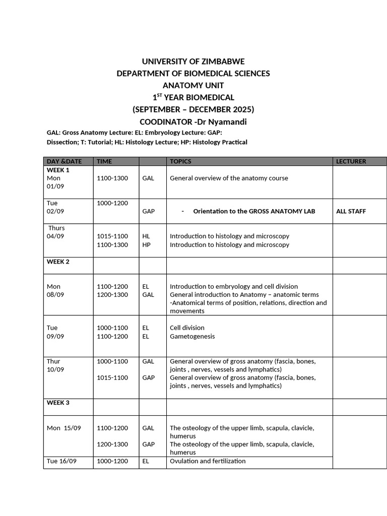 Timetable Bms 1 Sem1a (1) Block 1-2025 | PDF | Shoulder | Anatomy