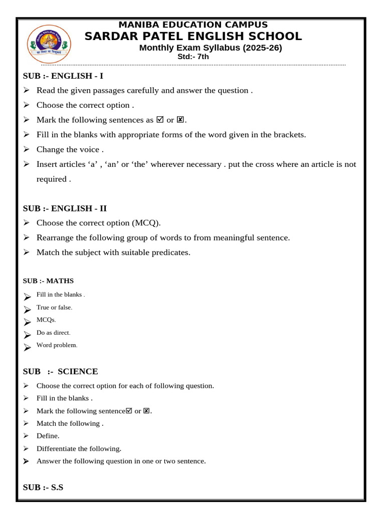 STD 7 Monthly Syallabus | PDF