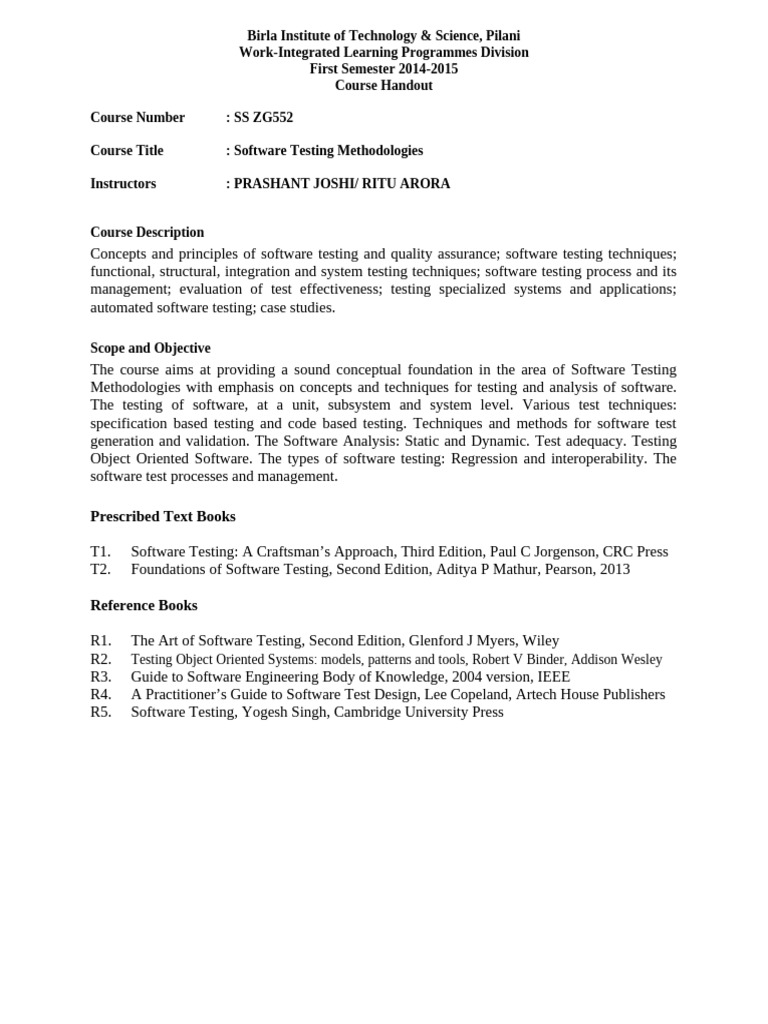 Course Handout Final SSZG 552 02aug2014 | PDF | Software Testing | Software