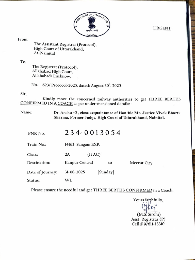 Request for Train Berths Confirmation | PDF