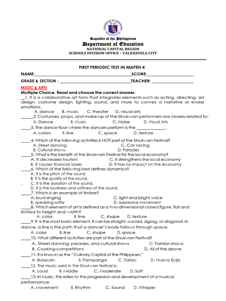 MAPEH 4 First Periodic Test Guide | PDF | Sound | Well Being