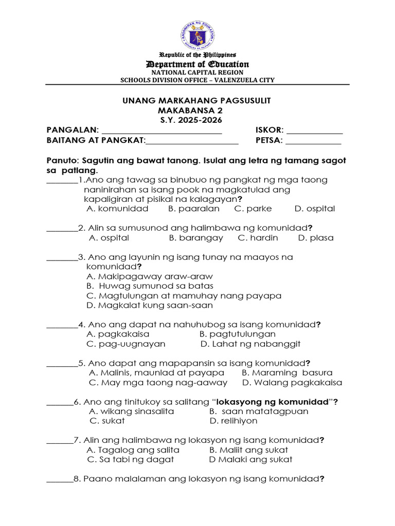 Grade 2 First Periodical Test Makabansa Checked. Final | PDF