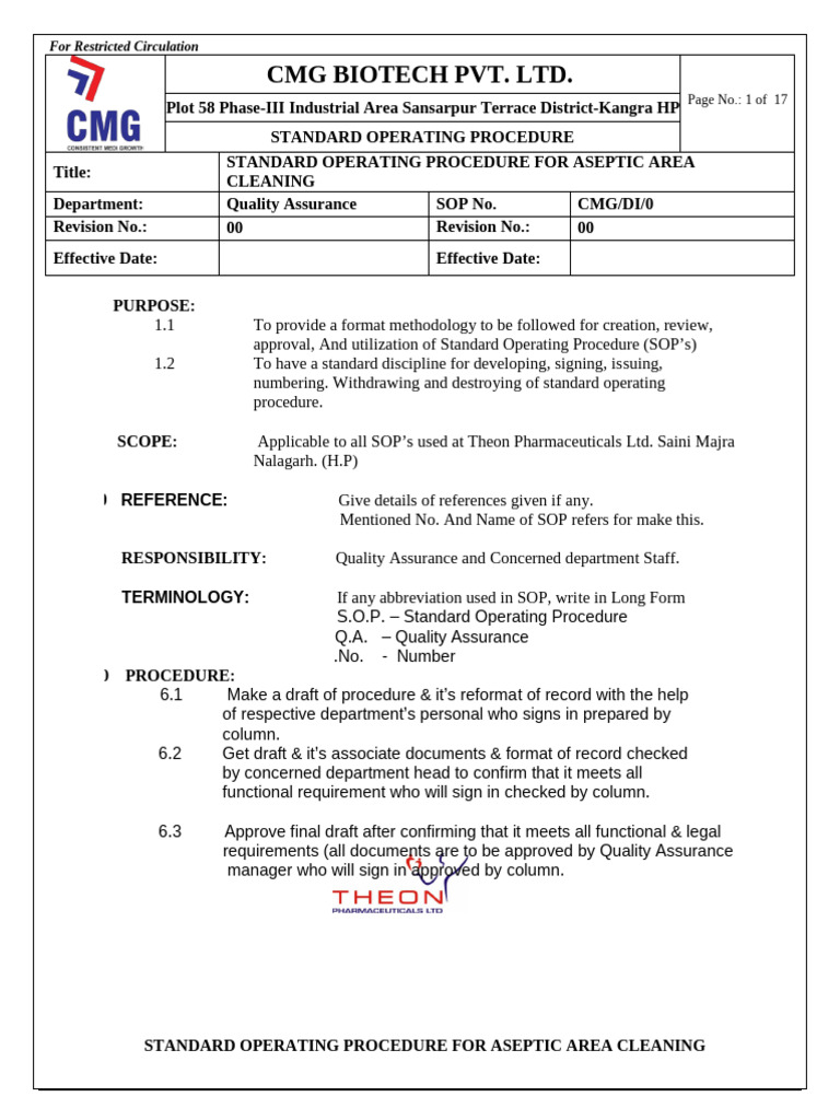 Sop For Aseptic Area Cleaning | PDF | Quality | Business Process