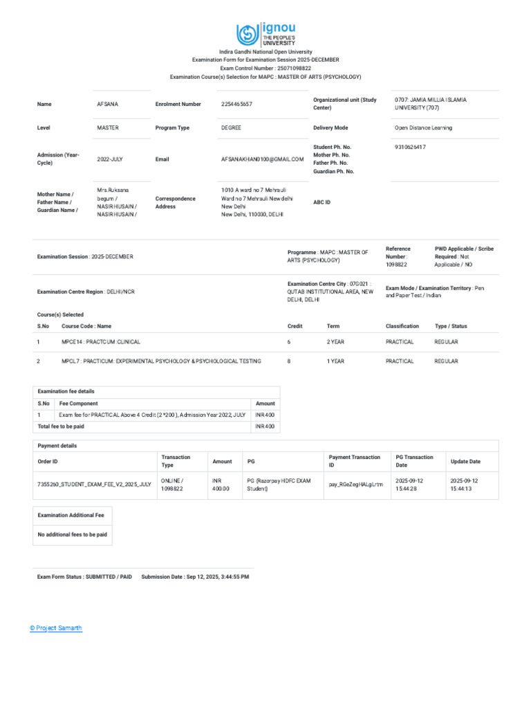 IGNOU Practical Fee Receipt | PDF