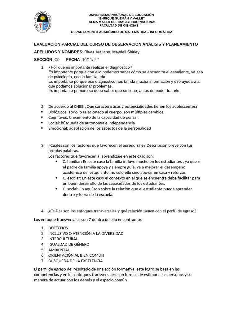 Evaluación Parcial Del Curso de Observación Análisis y Planeamiento | PDF | Maestros | Aprendizaje