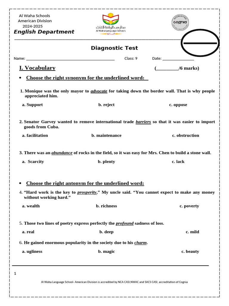 English Diagnostic Test for 9th Grade | PDF | Verb