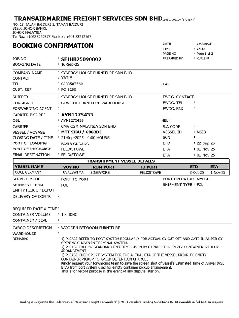 Booking Confirmation for Freight Services | PDF | Cargo | Transport
