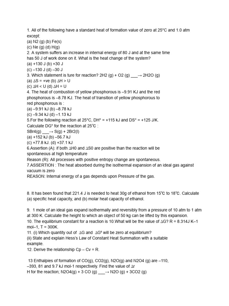 Thermodynamics and Reaction Energetics Quiz | PDF