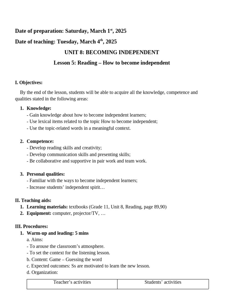 Lesson Plan Unit 8 Reading | PDF | Learning | Cognition