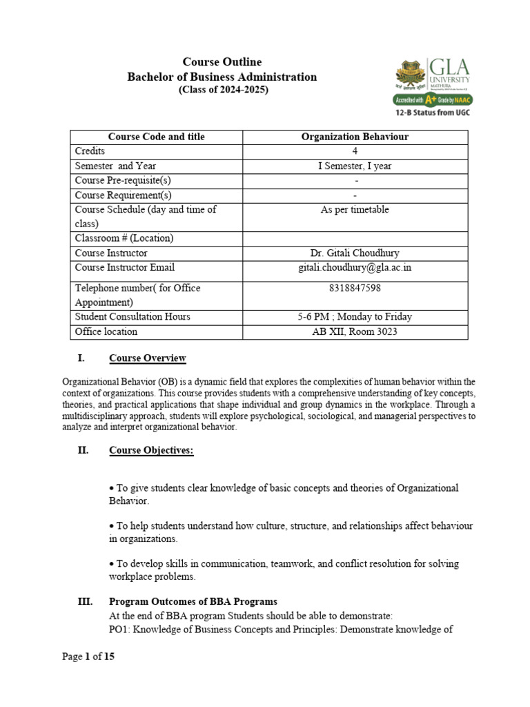 BBA Organizational Behavior Syllabus 2025 | PDF | Organizational ...