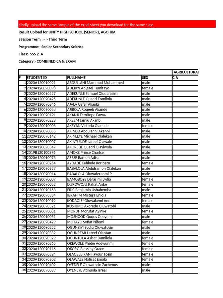 2024 - 2025 - Third Term - Sss 2 A - Agricultural Science - Unity High School (Senior), Ago-Ika ...