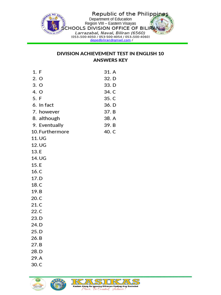Achievement Test in English Grade 10 ANSWERS KEY | PDF
