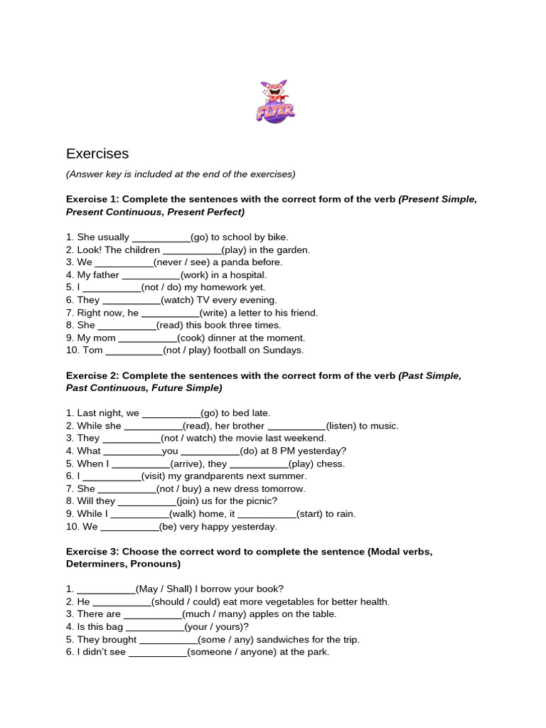 A2 Flyers Grammar Practice Exercises With Answer Key (1) | PDF | Verb | Languages