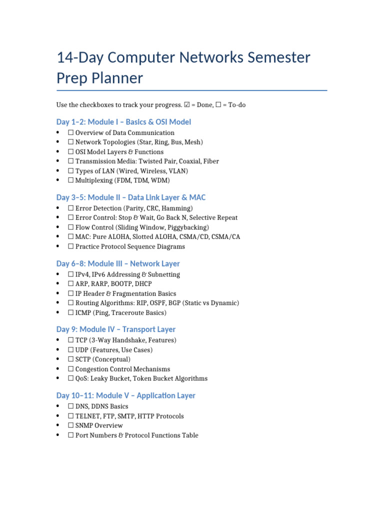14-Day Computer Networks Study Plan | PDF