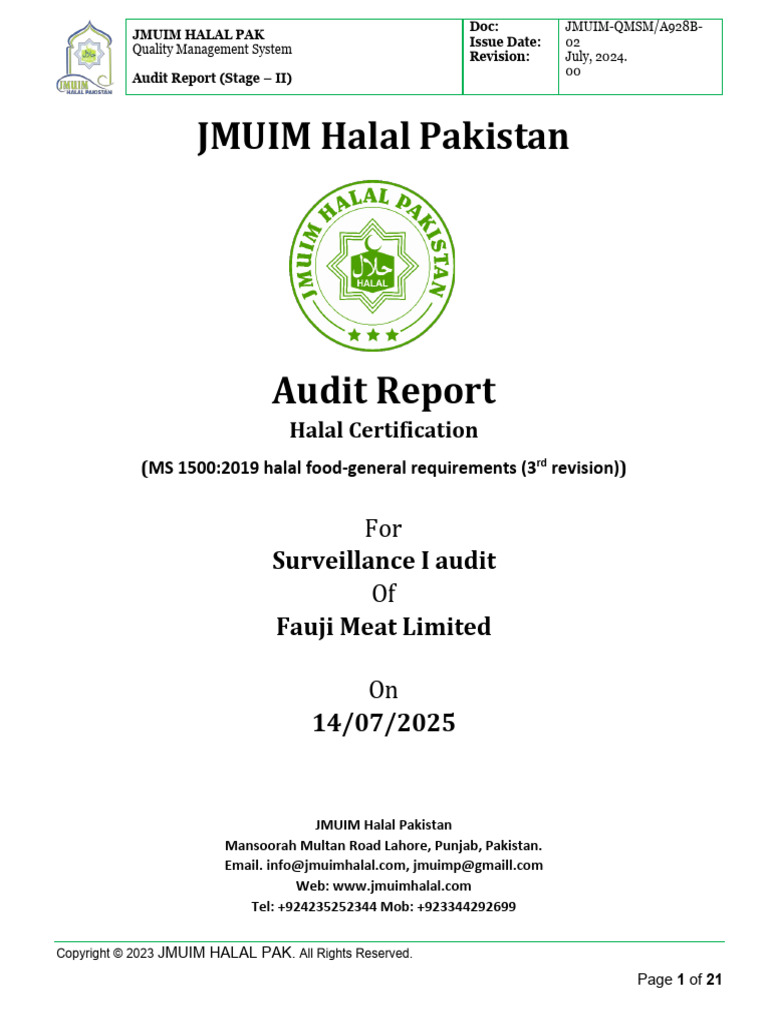 Fauji Meat Limited Halal Audit Report | PDF | Audit | Internal Audit
