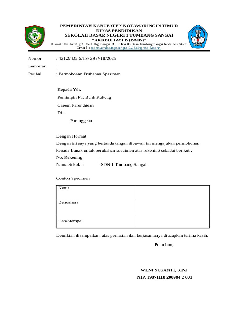 Permohonan Perubahan Spesimen Bank | PDF