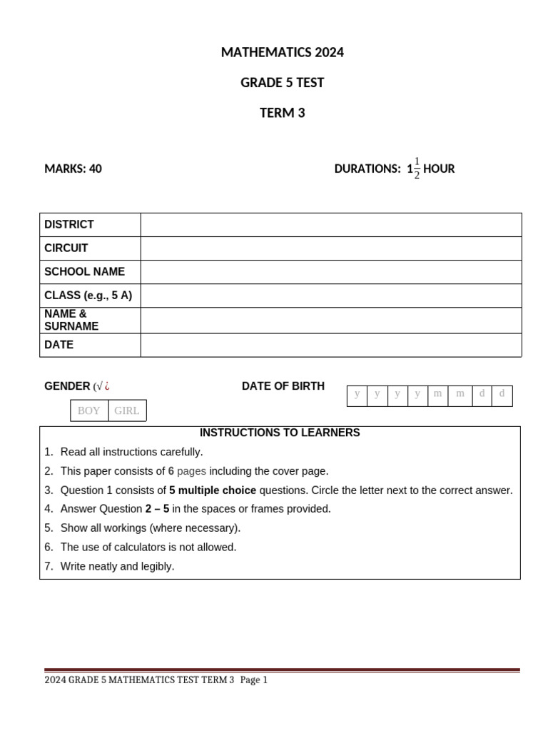 Grade 5 Mathematics Test Term 3 2024 - 032722 | PDF | Shape | Euclidean ...