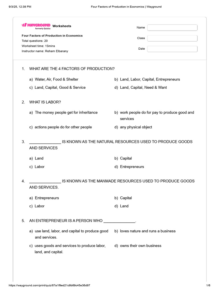 Four Factors of Production Worksheet | PDF | Capital (Economics ...